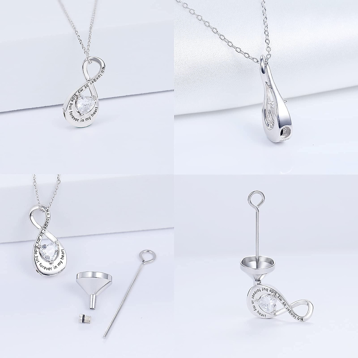 Cremation Urn Necklace for Ashes - Sterling Silver Teardrop Heart Cubic Zirconia Infinity Pendant Keepsake Necklaces, No longer by My Side But Forever in My Heart Memorial Jewelry Gift for Woman