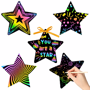 WATINC 60pcs Star Scratch Cards for Magic Color Craft Kit DIY Paper Art Scratch Star Ornament for Kids School Classroom Party Favor Supplies Decorations