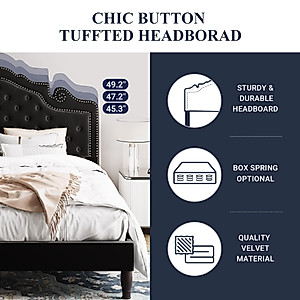 Allewie King Bed Frame with Adjustable Velvet Tiara Headboard, Upholstered Diamond Button Tufted Platform Bed, Wood Slats Support, No Box Spring Needed, Mattress Foundation, Easy Assembly, Black