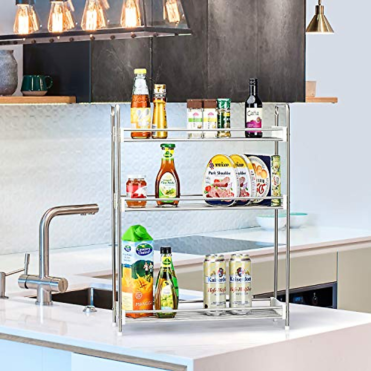 Titanmall 3 Tier Silver Slim Storage Unit Mobile Shelving Unit Organizer Slide Out Storage Tower Rack for Kitchen Bathroom Laundry Narrow Places