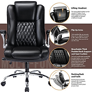 High Back Office Chair with Flip-up Armrests - Lifting Headrest, Built-in Adjustable Lumbar Support, Comfortable Home Office Chair, Executive Office Chair, Ergonomic Design, Sturdy Metal Base