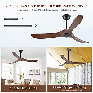 DefinElegant Walnut Wood 52" Ceiling Fan, 6-Speed, Reversible 3 Blades, Timed Shutdown, Silent DC Motor, for Bedroom, Porch