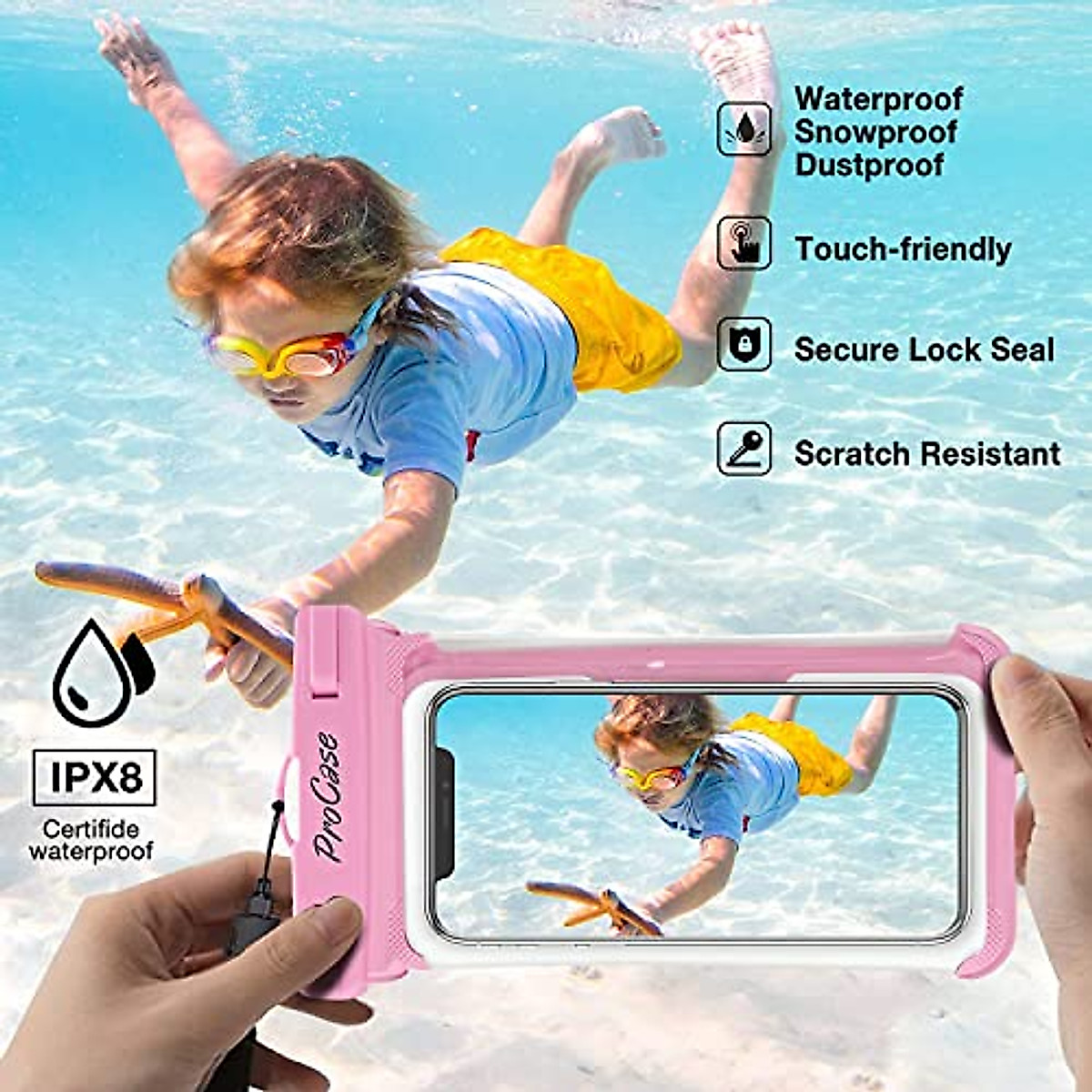 2 Pack ProCase Waterproof Phone Case Dry Bag Pouch, for iPhone 14 Plus Pro Max, iPhone 13 12 Pro Max, 11 Xs Max XR X 8 7 6S Plus, Galaxy S22 S22+ S21 FE, Up to 7.0 inch -Pink/Black