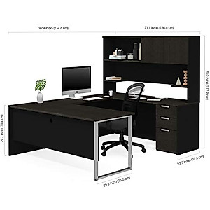Bestar Pro-Concept Plus U-Shaped Executive Desk with Pedestal and Hutch, Deep Grey & Black