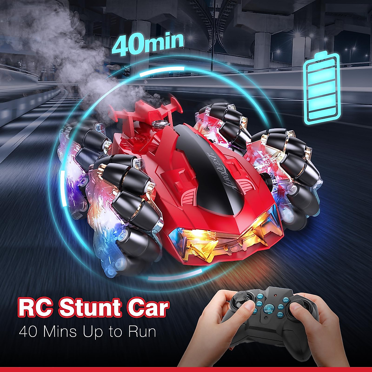 AEROQUEST 2-in-1 Remote Control Car - Light up RC Stunt Car for Kids with Spray Split Dual-Purpose Remote Control Cars for Adult 4WD RC Car with Two Rechargeable Batteries Gift for Kids