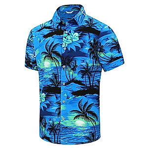 SheLucki Hawaiian Shirt for Men, Unisex Summer Beach Casual Short Sleeve Button Down Shirts, Printed Palmshadow Clothing Palm Tree Blue M