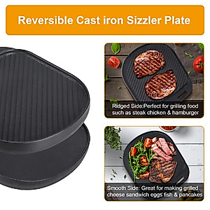BBQ-PLUS Reversible Cast Iron Sizzler Plates, 13.7 Inch Lifting Handle, 12 Inch x 10.5 Inch, Black