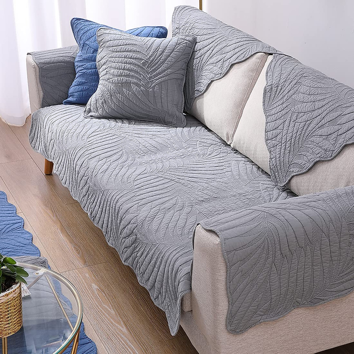 vctops Leaf Embroidery Cotton Couch Sofa Cover Non-Slip Sectional Couch Covers Sofa Slipcover for Dogs Cats Pet Love Seat Recliner Leather L Shaped, Armrest Backrest Cover(Grey,28"x82")