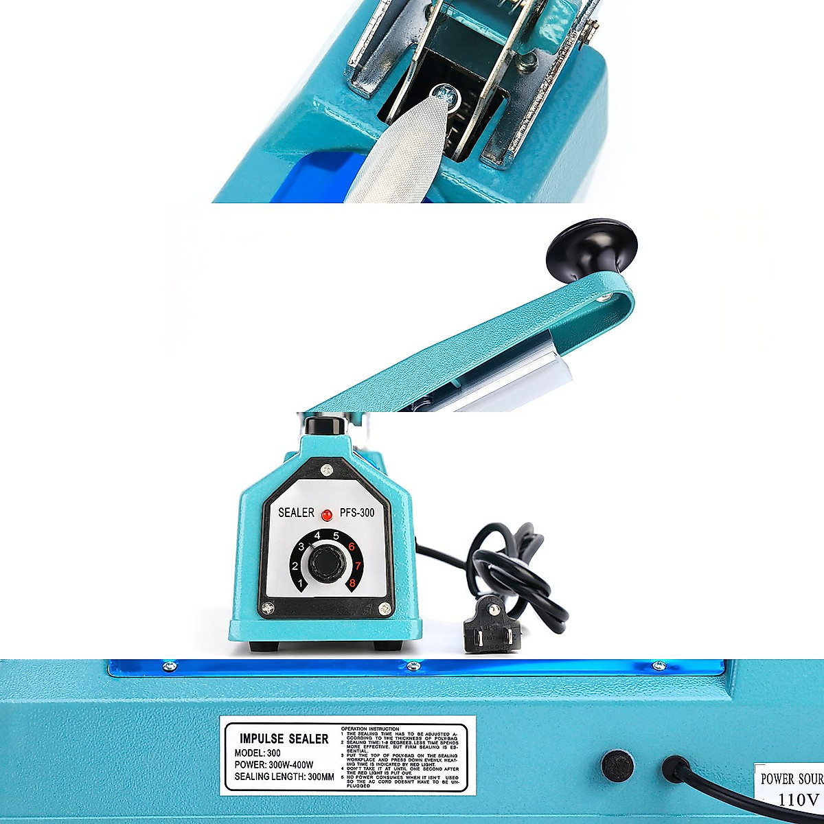 LinsnField Sealer Pro, Patented 8inch Impulse Heat Bag Sealer, 2mm Sealing Width Poly Bag Seal Machine, 2 Replacement Kits 2 Fuses Included, Blue