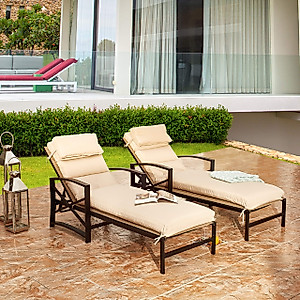 LOKATSE HOME 2 Piece Patio Chaise Lounge Chair Outdoor Furniture Set All Weather Metal Adjustable Backrest and Armchair with Removable Comfy Cushions, Khaki