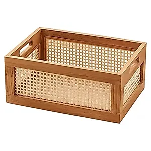 N/A Solid Wood Storage Basket Rattan Desktop Toys Books Wooden Drawer Storage Box Picnic Woven Basket Storage Basket (Color : D, Size : 45 * 30 * 20cm)