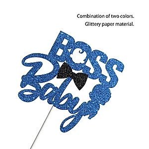 Boss Baby Cake Topper for Boy Birthday, Gender Reveal Welcome Baby Boy Cake Decoration, Baby Shower Birthday Party Supplies Boss Boy - Blue Black Glitter