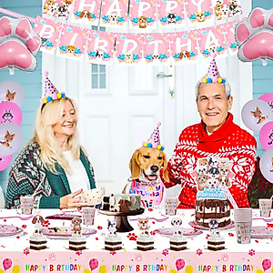 110pcs Dog Birthday Party Supplies,Dog Theme Party Favor Set Includes Hats,Bow Tie,Bandana,Birthday Banners,Balloon,Cake Topper,Cupcake Topper,Tablecioth,Plate,Fork,Cup,Straw