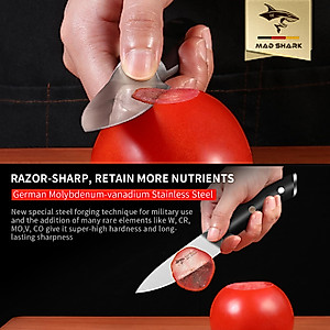 MAD SHARK 3.5 inch Paring Knives - Small Kitchen Knife Ergonomic Handle, Ultra Sharp Peeling Knife for Fruits,Vegetables and More - Forged Synergy by German Military Grade Composite Steel, Black