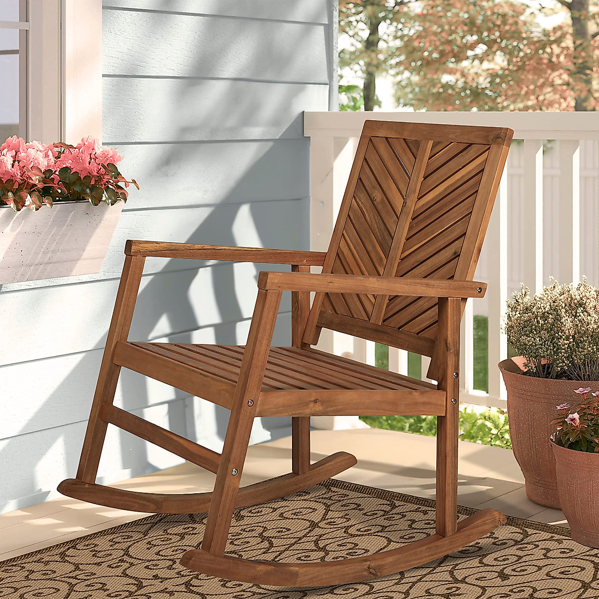 JONATHAN Y RCK100A Ned Modern Chevron-Back 300-Lbs Support Acacia Wood Patio Outdoor Rocking Chair for Garden, Lawn, Backyard, Pool, Deck, Beach, Firepit, Teak