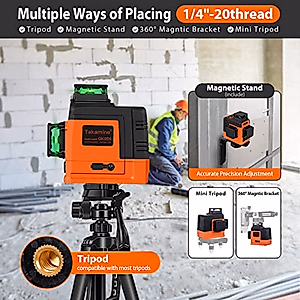 Takamine 12 Lines Laser Level Self Leveling 3x360° 3D Green Cross Line for Construction/Picture Hanging, Remote Controller, Rechargeable Li-ion battery, Magnetic Stand and portable bag