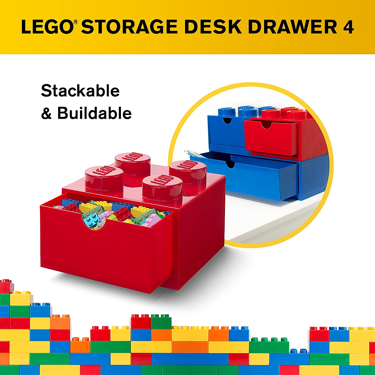 Room Copenhagen LEGO Storage Brick 4 Desk Drawer, 4-Stud Stackable Tabletop Storage Box, 6.2 x 6.2 x 4.4 In, Red