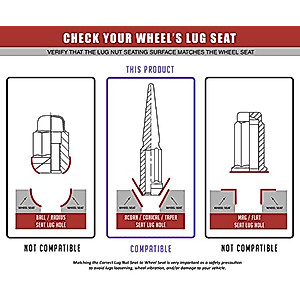 Wheel Accessories Parts Set of 16 ATV/UTV Red Spike Installation Lug Nut Kit | Solid Metal Lug Nuts 10 X 1.25 Thread 3.35" Tall Closed End Bulge Acorn Spiked Lug Nut 1 Long Socket Key (M10x1.25)