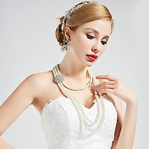 BABEYOND 1920s Gatsby Pearl Necklace Vintage Bridal Pearl Necklace Earrings Jewelry Set Multilayer Imitation Pearl Necklace with Brooch (Style 1)