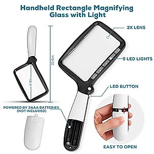 Folding Handheld Magnifying Glass with Light, 3X Large Rectangle Reading Magnifier with Dimmable LED for Seniors with Macular Degeneration, Newspaper, Books, Small Print, Lighted Gift for Low Visions