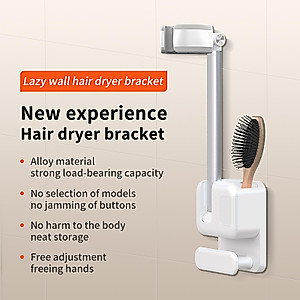 DLENP Adjustable Hands Free Hair Dryer Holder, Wall Mounted Blow Dryer Stand Rack with Cable Hanger, Flexible Lazy Hair Dryer Holder Bathroom Organizer