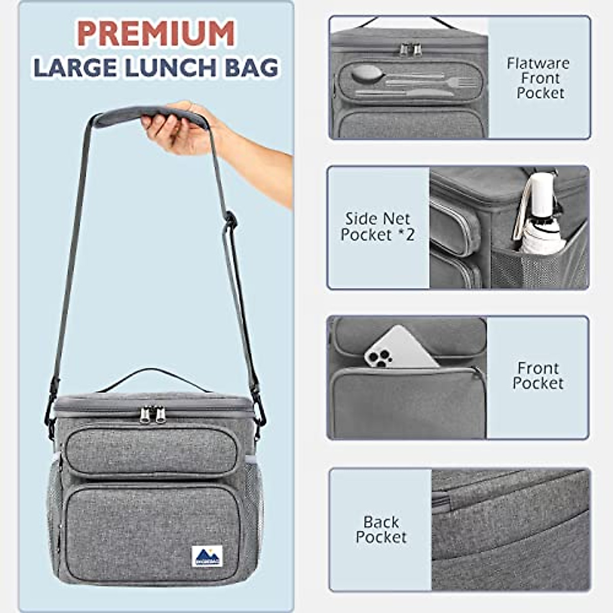 BAGBEBAG Lunch Bag for Men Women, Insulated Lunch Bag Women Man, Adult Lunch Box for Men Women, Large Lunch Bag for Office Work Picnic, Leak Resistant Cooler Bag, 24-Can,14L (Gray)