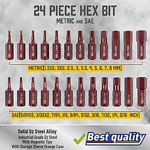 Amartisan 24-Piece Hex Head Allen Wrench Drill Bit Set, Metric and SAE S2 Steel Hex Bits Set, 1" Long