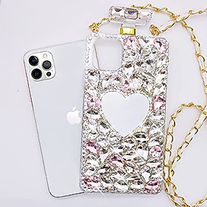 Losin Perfume Bottle Case Compatible with iPhone 14 Pro Max Bling Diamond Case Luxury Glitter Shiny Rhinestones Gemstone Cover Heart Makeup Mirror with Fashion Crossbody Lanyard for Women and Girls