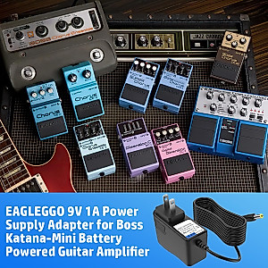 9V AC Power Supply Adapter for Boss Katana-Mini Battery Powered Guitar Amplifier Replaces Boss PSA-120S Guitar Distortion Effects Pedal DS-1 RC-1 RC-3 TU-2 PSB-1U PSB1U Charger Cable Cord (6.5 ft)