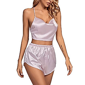 LYANER Women's Silky Satin Pajamas Set Cami Crop Top with Shorts Lingerie Sleepwears PJ Set Pink Small