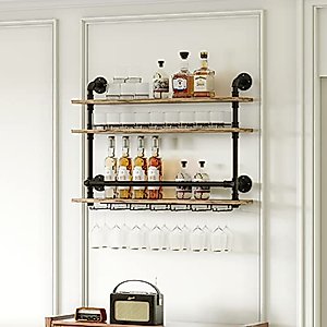 HKaikzo 36” L Industrial Pipe Shelves 3 Tier Hanging Wine Rack Wall Mounted, with 6 Stem Glass Holder Kitchen/Living Room/Home Wood Floating Wall Shelf