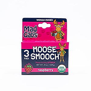 Mad Gab's Moose Smooch Raspberry Lip Balm, Mother's Day Gift, Moisturizing and Certified Organic, Made with Organic Olive Oil and Beeswax, 3 pack Gift Set