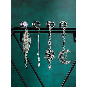 Loviflower 4 Pairs 10 mm Gauges Dangle Chain Tunnels Leaf Moon Star Dangle Ear Tunnel Plugs