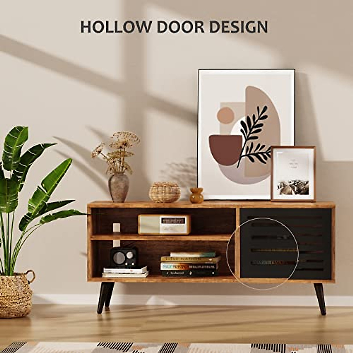 Retro TV Stand for TV up to 55 Inch, TV Console Table & Entertainment Center Mid Century Modern TV Stand with Adjustable Shelf for Living Room, Pop Up Door TV Cabinet Holds up to 110 lbs, FMRTS02B1