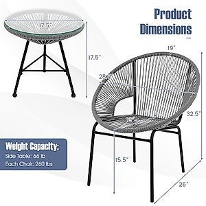 HAPPYGRILL 3-Piece Patio Bistro Set, Outdoor Furniture Set Acapulco Chairs with Plastic Rope, Tempered Glass Table, All Weather Patio Furniture for Balcony, Porch, Garden, Backyard