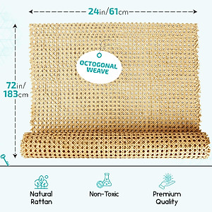 Cane Webbing Roll 24" Wide - Open Mesh Rattan Roll - Woven Cane Material Rattan Fabric Sheets Open Weave Wicker Material for Chair Caning Kit, DIY Supplies, Furniture Repair, Replacement Kit (2'x6')