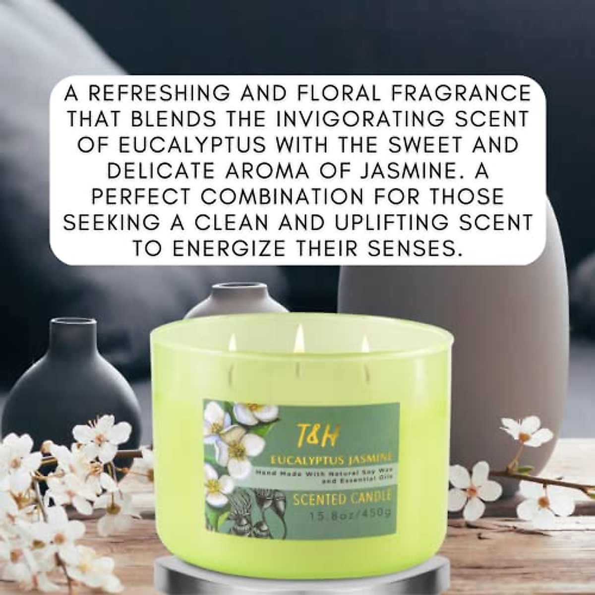 Stress Relief Aromatherapy Candle for Men & Women - Eucalyptus Jasmine 3 Wick Candle with Lavender, Mandarin & Balsam - Strong Scented Candles for Home 15.8 oz - Natural Soy Candles, Eucalyptus Candle