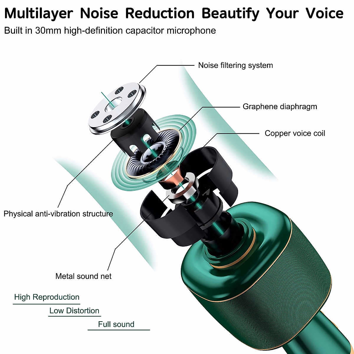 AsperX Karaoke Microphone, Wireless, Bluetooth, Portable, 5 in 1 Microphone with 40W Full Range Stereo Speaker for Singing, Suitable for Adults & Kids, Perfect for Birthday, Home Party (Green)