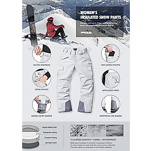 TSLA Women's Winter Snow Pants, Waterproof Insulated Ski Pants, Ripstop Snowboard Bottoms, Cargo Snow Pants White, Medium