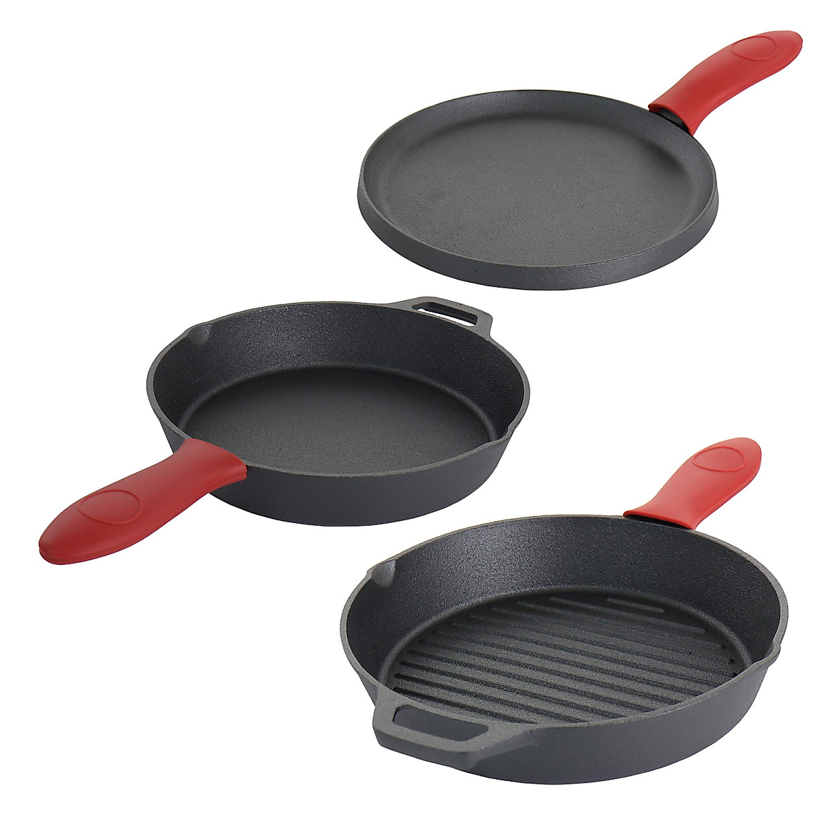 MegaChef Skillet, Pan, and Griddle Pre-Seasoned Cast Iron Cookware Set, 6 Piece, Black, Red