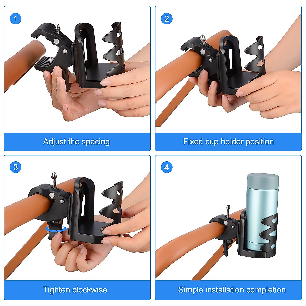 SupreGear Cup Holder, 360 Degree Rotation Stroller Bike Water Bottle Holder Cup Holder, Universal for Walkers, Rollators, Wheelchairs, Bicycles, Strollers and Motorcycle Accessories, Tools Free