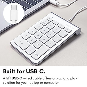 Macally Wired USB C Number Pad Keyboard - Type C Numeric Keypad for Laptop, Apple Mac iMac MacBook Pro/Air, iPad, Windows PC, or Desktop Computer - 10 Key USB Keypad Numpad with 5 Foot Cable