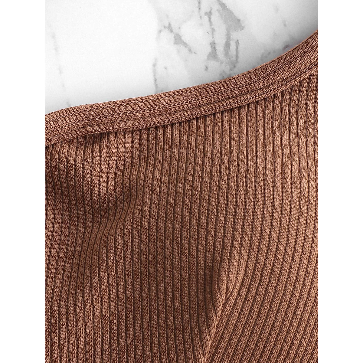 ZAFUL Women's High Cut Bikini Sets Ribbed V-Wire Cami Bikini Two Piece Swimsuit (3-Light Brown, M)