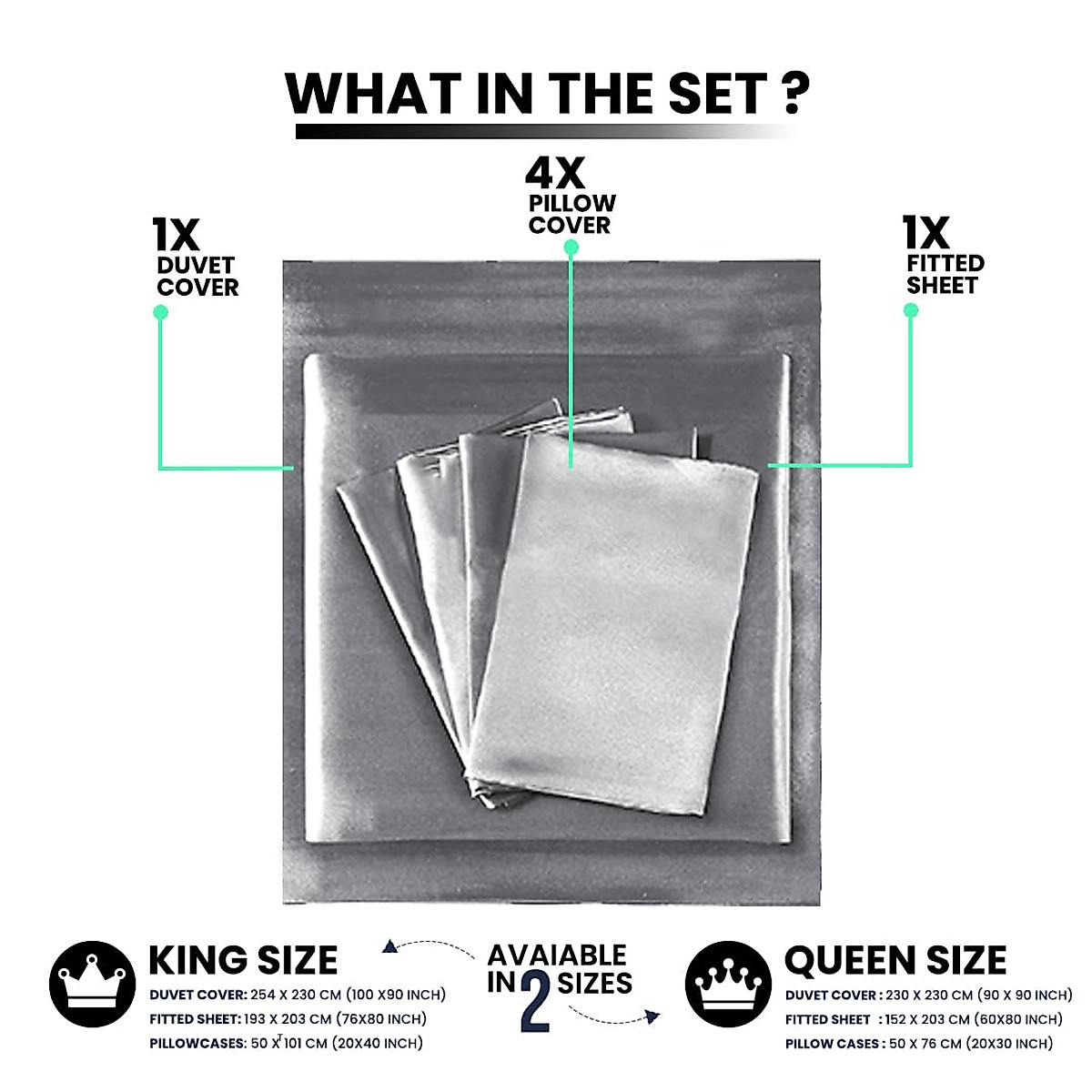 AL AHMEDANI LINEN 6 Piece Satin Sheets Queen and King Size with 4 Pillow Cases, 1 Satin Fitted Sheet, 1 Satin Duvet Cover - Gray