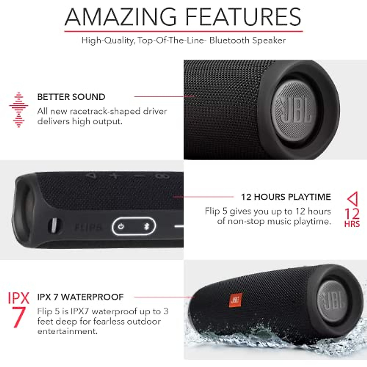 HOMEQUIP case for JBL Flip 5 with Speaker Flip 5 | Waterproof Portable Wireless Bluetooth Speaker Bundle Hard Shell Case - Rechargeable Battery, 2.5 Hours Charging, 12 Hours Playtime.
