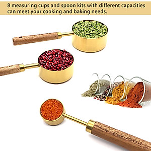 8 Piece Measuring Cups and Spoons Set Stainless Steel Measuring Cups and Spoons with Wood Handle for Dry and Liquid Ingredients(Golden)