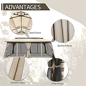 Joyside 10x20 ft Outdoor Gazebo, Double-Tier Roof Gazebo Tent with Curtains and Nettings, Patio Spacious Carport Gazebo with Metal Steel Frame Suitable for Lawn, Backyard Patio, Beige