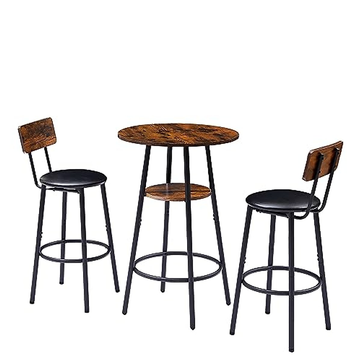 Tensun Bistro Table and Chairs Set of 2, Pub High Top Round Table and Chairs Set with Upholstered Cushion, Storage Shelf and Backrest, 3-Piece Bar Stool Set for Breakfast Nook, Rustic Brown