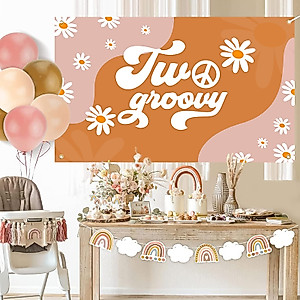 DARUNAXY Two Groovy Retro Hippie Boho Banner, 2nd Birthday Party Decoration 2 Year Old Birthday Party Supplies, Daisy Flower Groovy Backdrop for Baby Girls Hippie Theme Birthday Photography Background