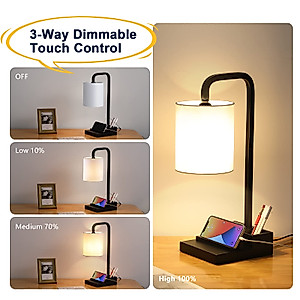 Iporovon 3-Way Dimmable Touch Control Lamps for Nightstand, Bedside Lamp with USB Ports & Outlet, Linen Shade, 2 Phone Stand & Pen Holder, Modern Desk Side Table Lamp for Bedroom Living Room Reading